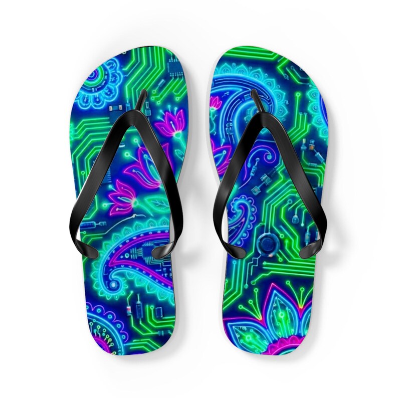 Neon Paisley Circuit Board Flip Flops | Psychedelic Floral Tech Print ...