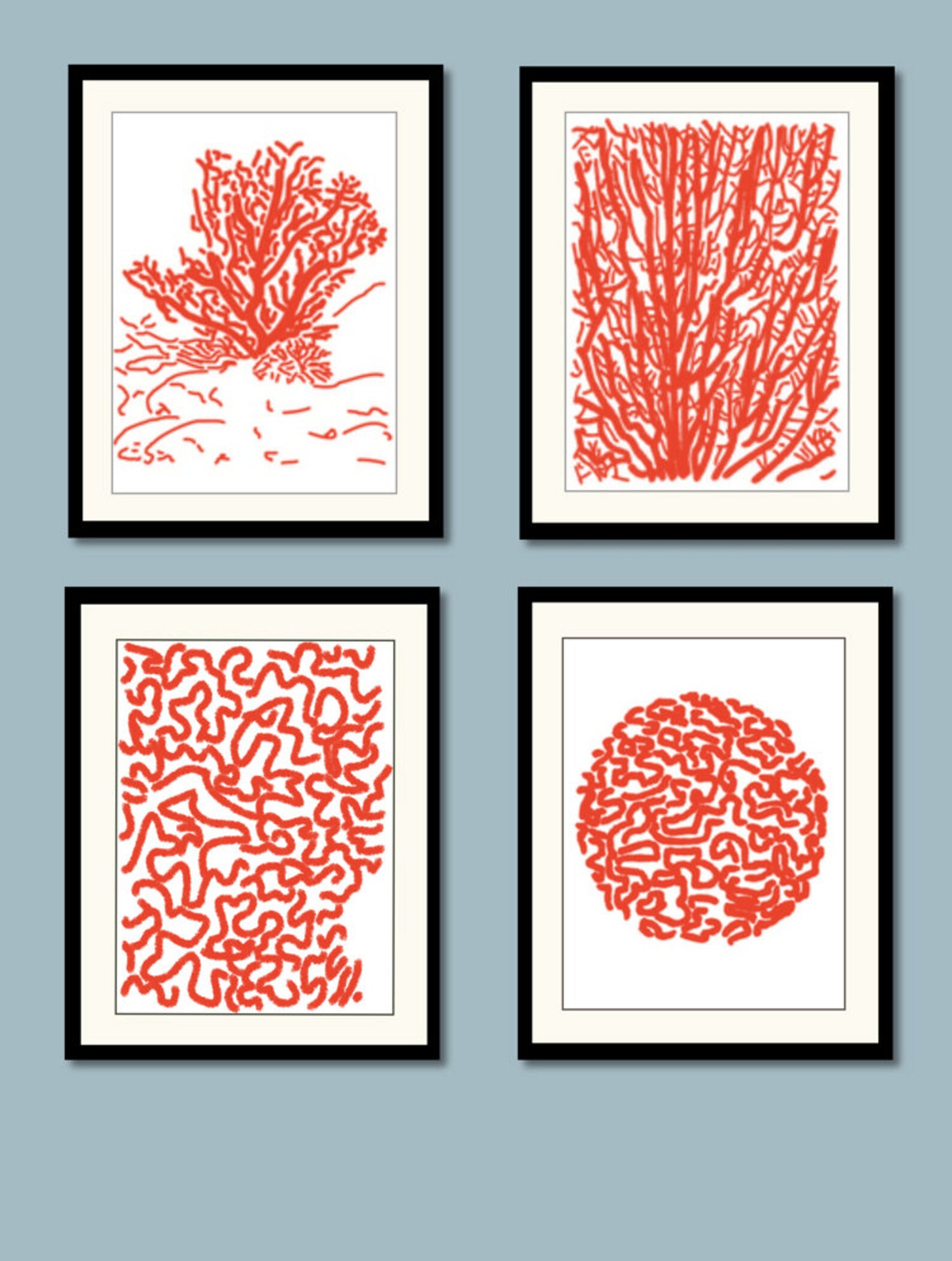 Set of 4 Red Coral Art Prints, Coastal Wall Decor - Beach House Prints ...