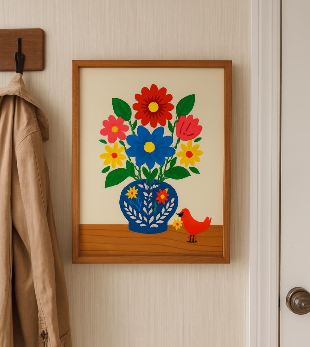 Color Folk Art Flower Print With Vase / Bird Wall Decor - Etsy