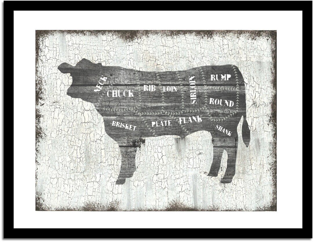 Beef Butchers Chart Art Print, Chefs Wall Decor, Rustique, Vache en ...