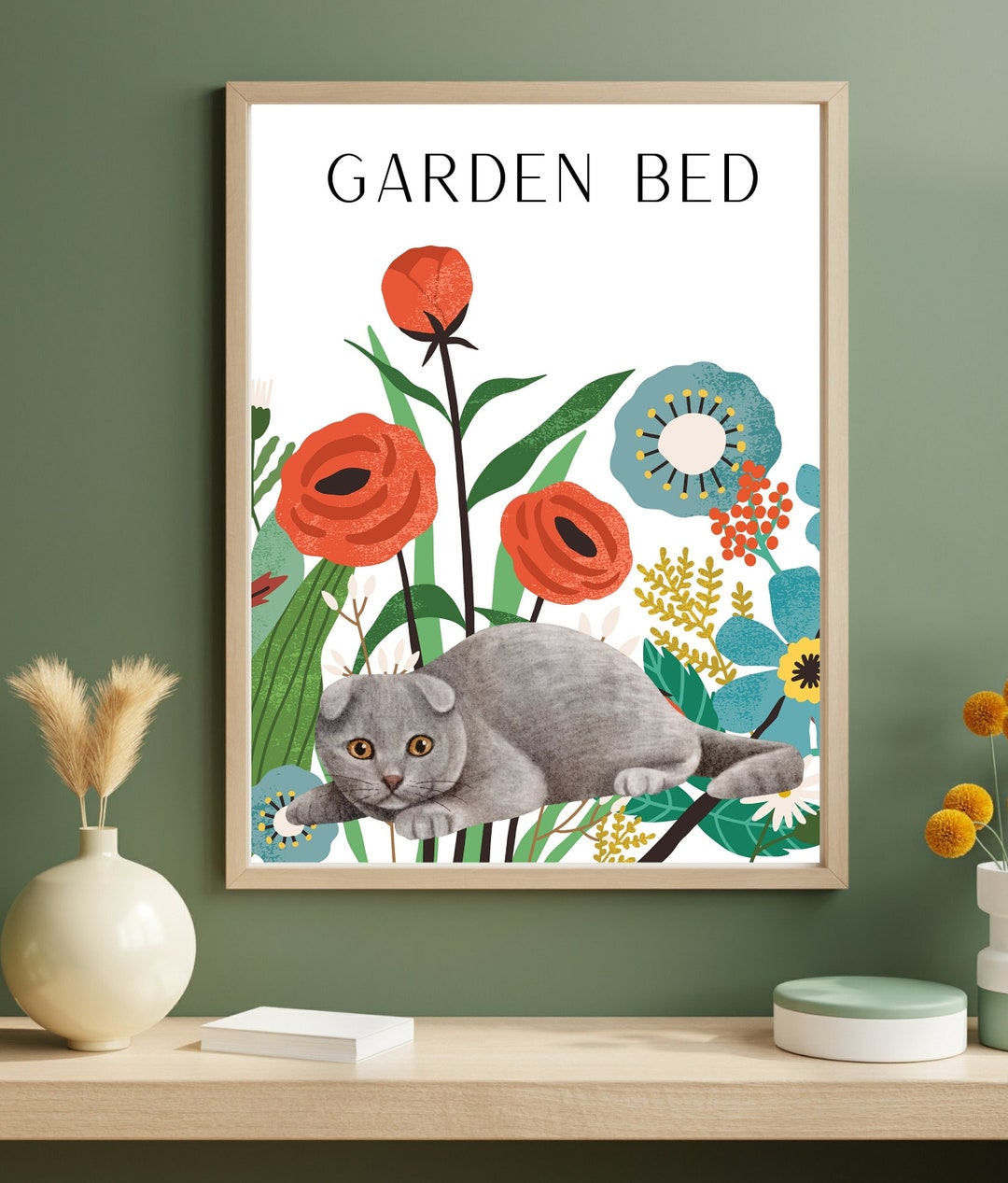Gray Cat Print, Gift, Garden Print, Flower Wall Art, Funny Cat Print ...