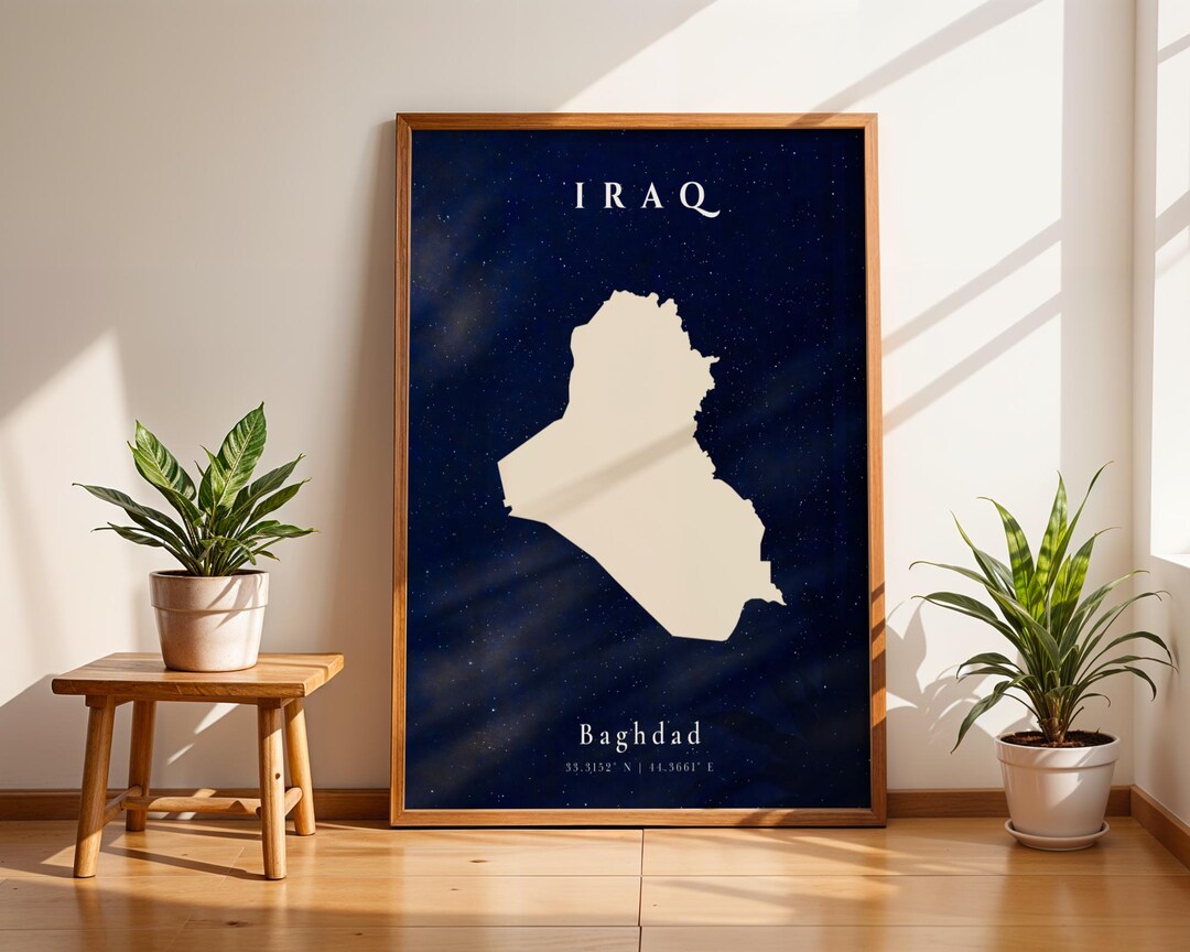 Iraq Map Wall Art – Northern Night, Baghdad Coordinates, Modern Wall ...