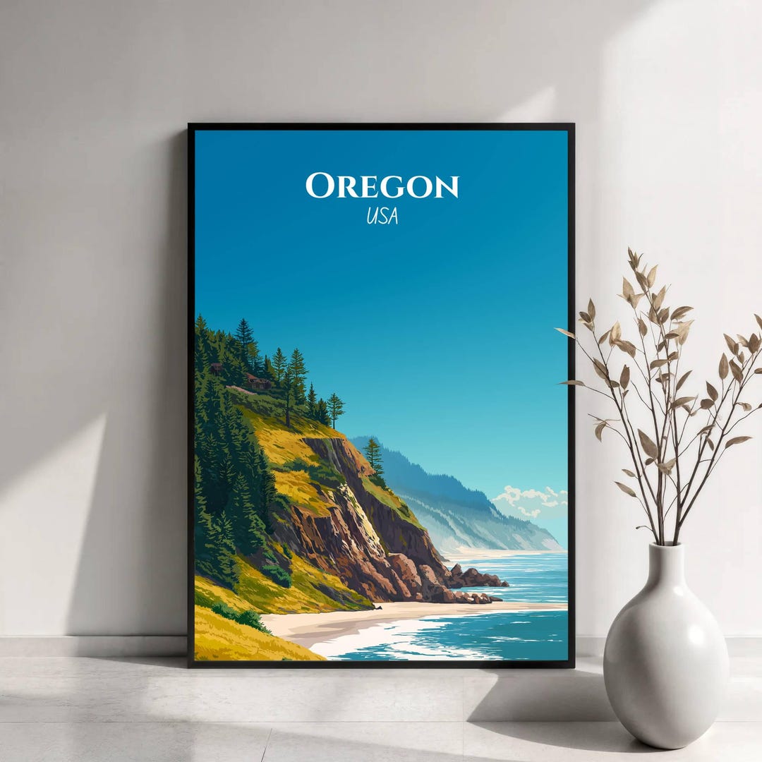 Oregon Wall Art | USA State Travel Poster | Illustrated Coastal Cliffs ...