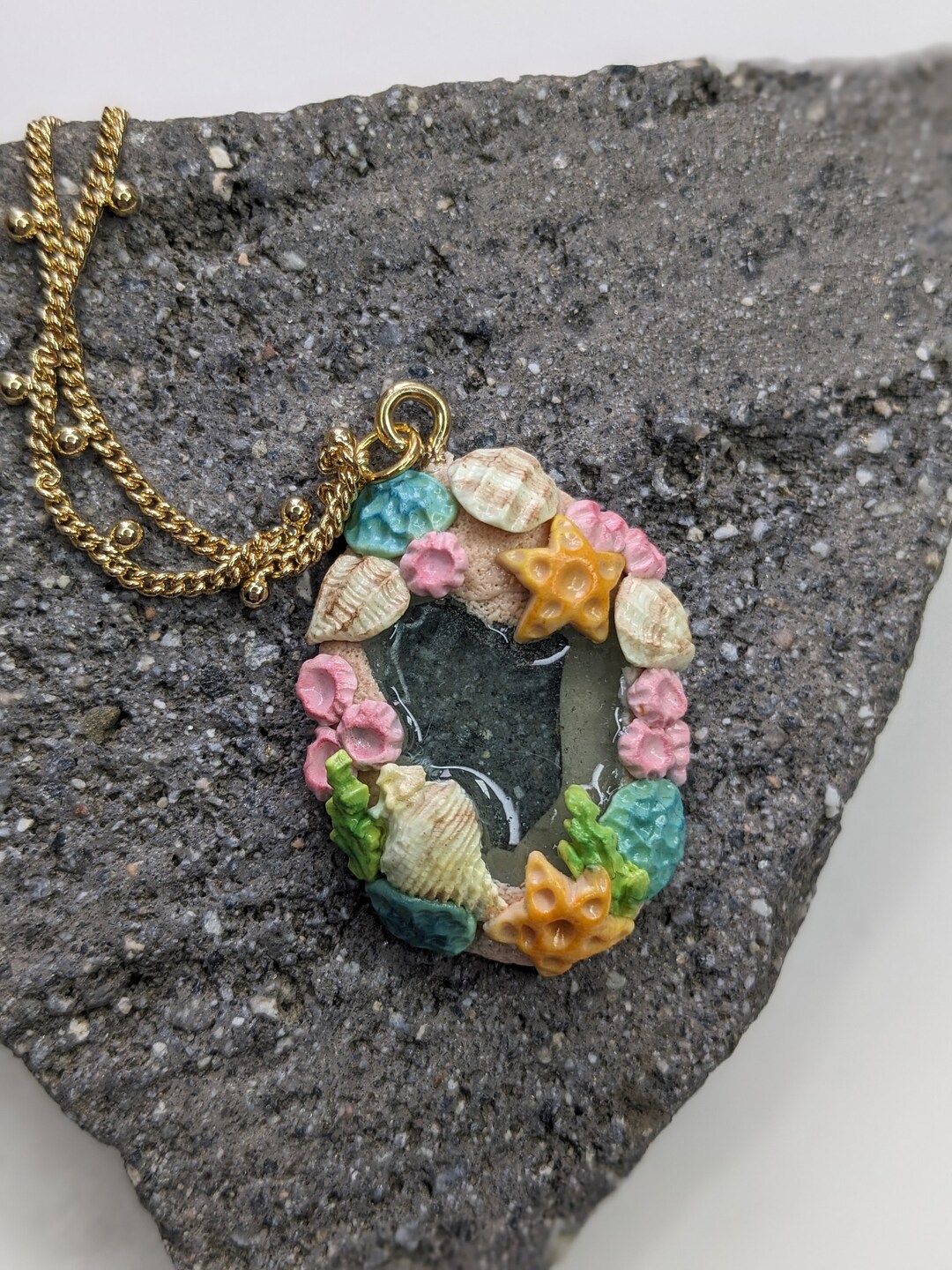 Adella Mermaid Tears Amulet Necklace, Polymer Clay With Upcycled Beach ...