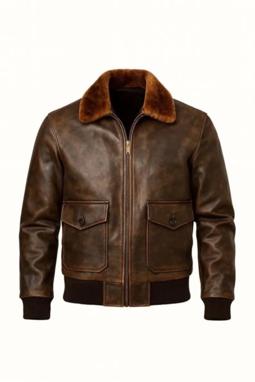 Men’s Brown Leather Bomber Jacket With Fur Collar | Aviator Flight ...