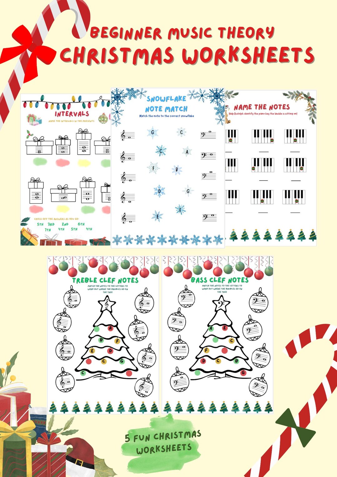 Christmas Music Theory Printable Worksheets - Bundle of 5 Sheets for ...