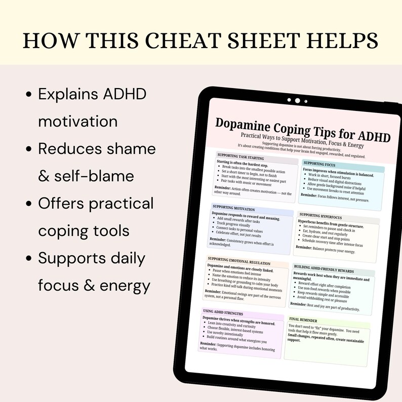 ADHD Dopamine Cheat Sheet, Coping Tips, Motivation & Focus Guide ...