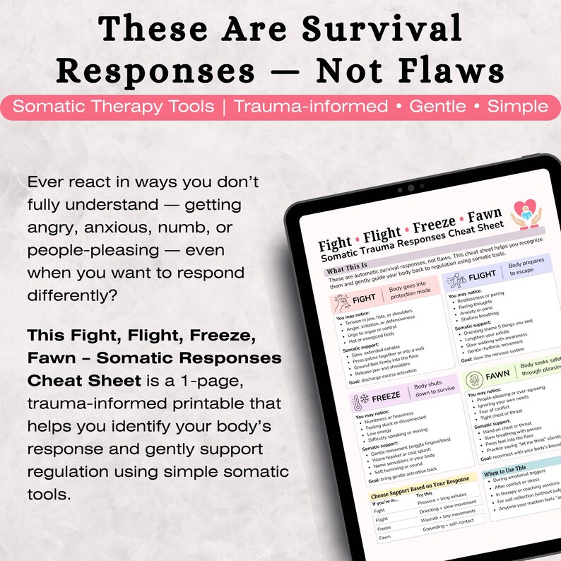 Somatic Trauma Responses Cheat Sheet, Fight Flight Freeze Fawn Guide ...
