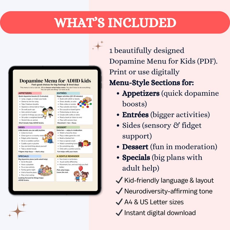 ADHD Kids Dopamine Menu, Self Regulation Tool (PDF Download, US Letter ...