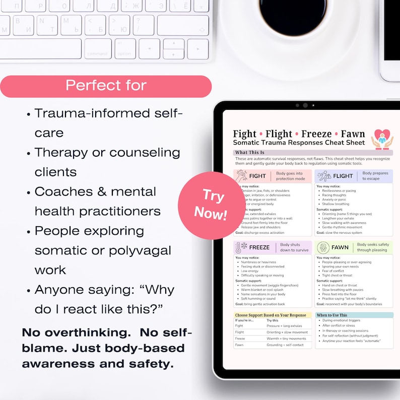 Somatic Trauma Responses Cheat Sheet, Fight Flight Freeze Fawn Guide ...