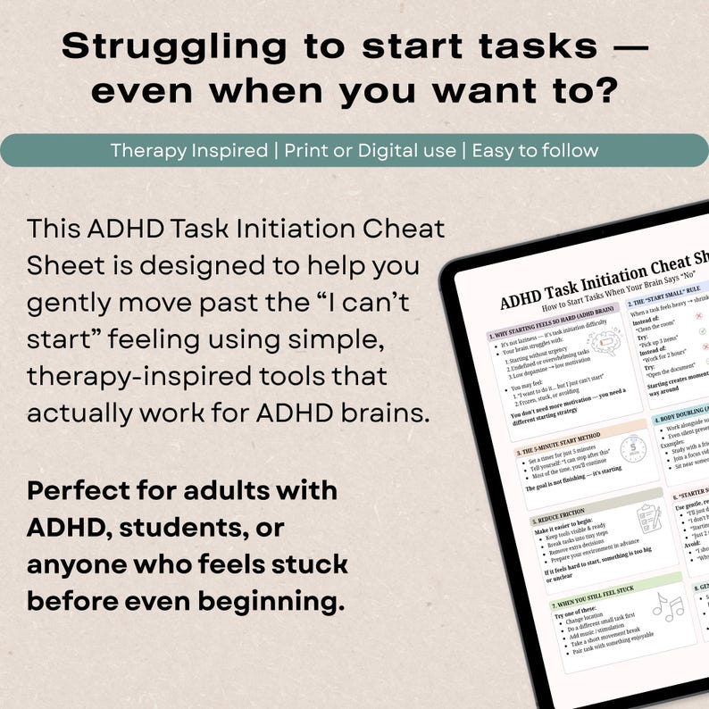 ADHD Task Initiation Cheat Sheet, Procrastination Help, Executive ...
