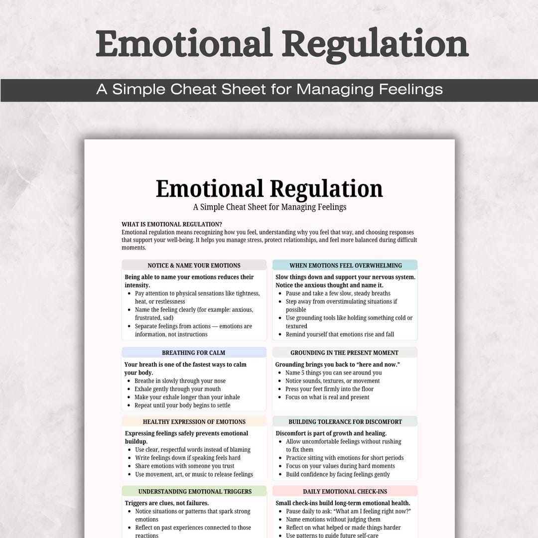 Emotional Regulation Cheat Sheet, Coping Skills, Mental Health (PDF ...