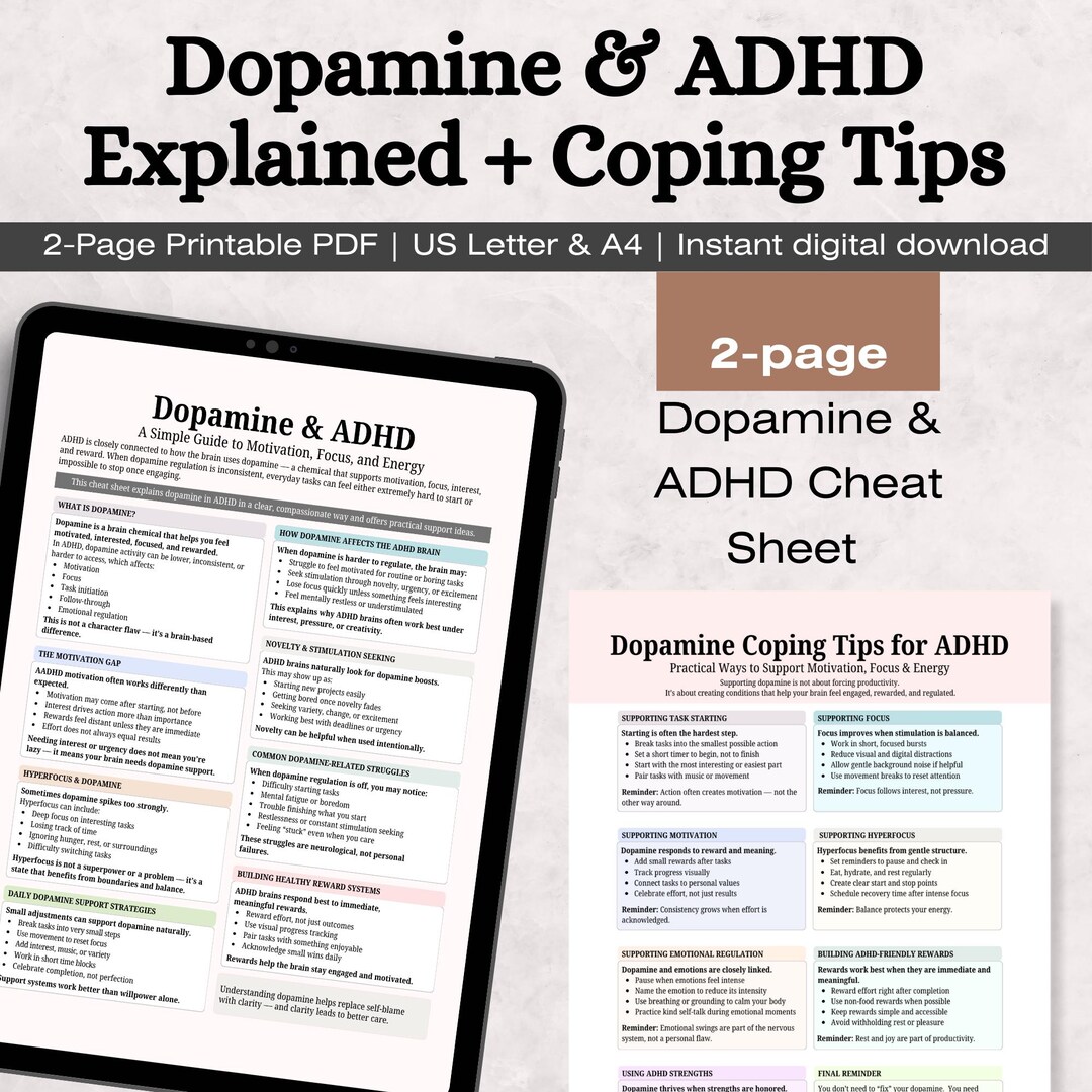 ADHD Dopamine Cheat Sheet, Coping Tips, Motivation & Focus Guide ...