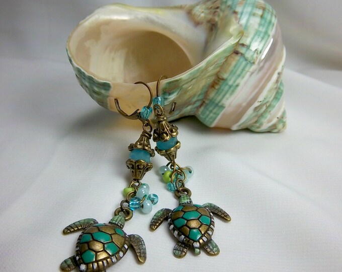 Turtle Earrings, Turtle Dangles, Long Earrings, Turtle Lovers, Colorful ...