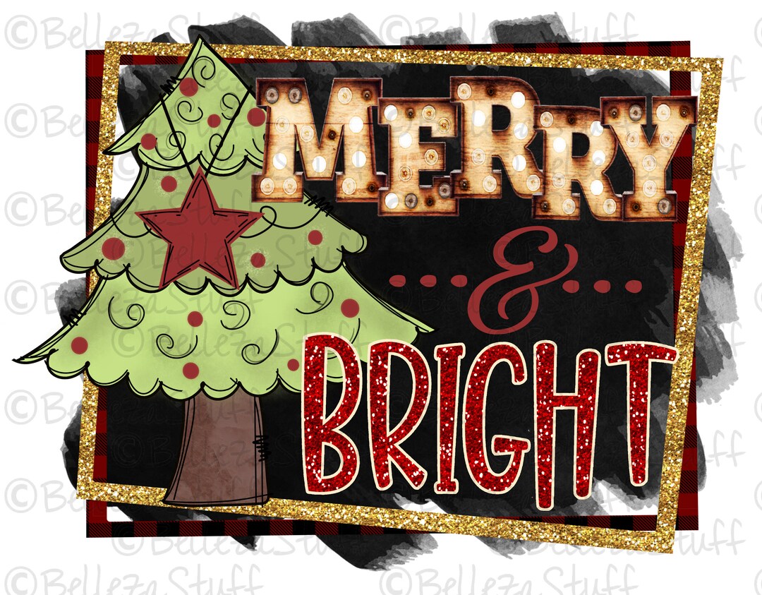 Merry & Bright Tree Design PNG File, Sublimation Design for Digital ...