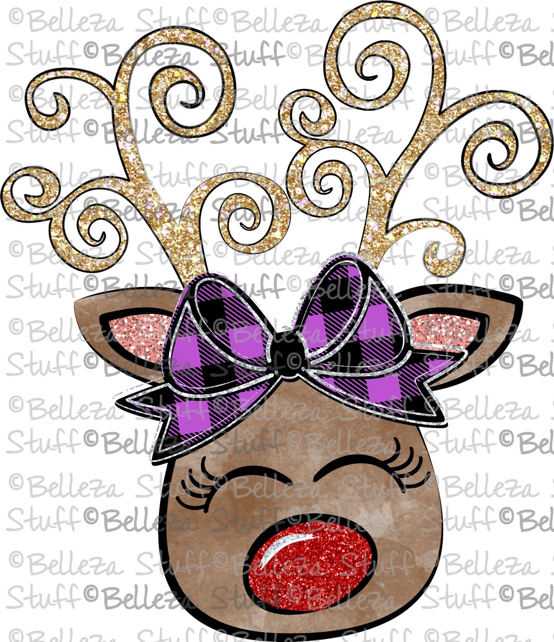 READY to PRESS Reindeer With Gold Faux Glitter Antlers and Purple Plaid ...