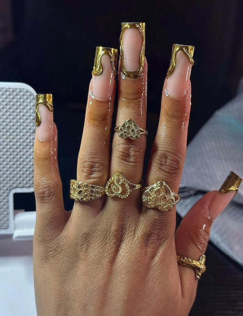 3D Gold Chrome Drip Press on Nails | Wavy Tip Design - Etsy