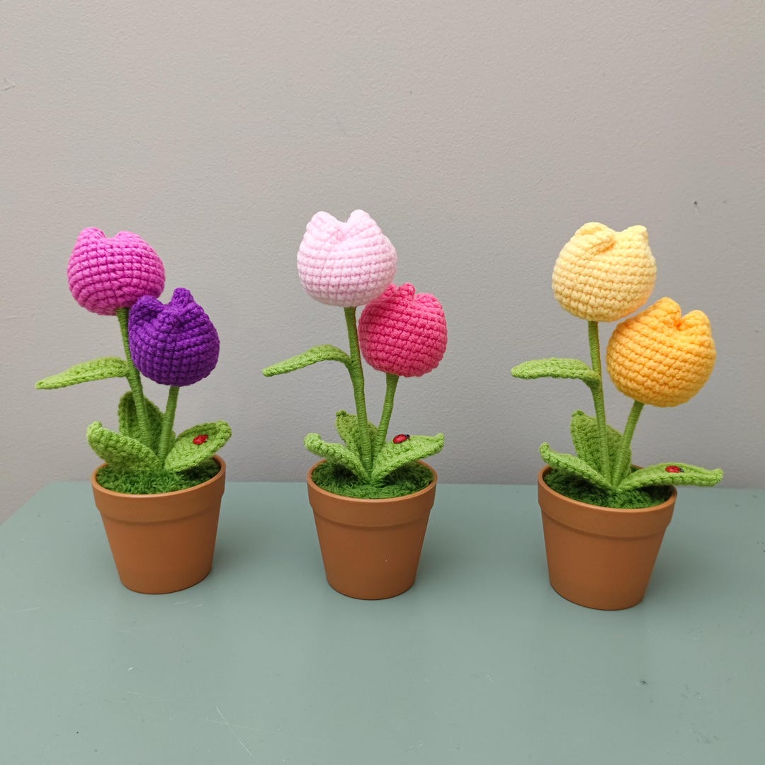 Tulip Smiley Face Emoji Crochet Flowers in Pot, Handmade Flowers for ...
