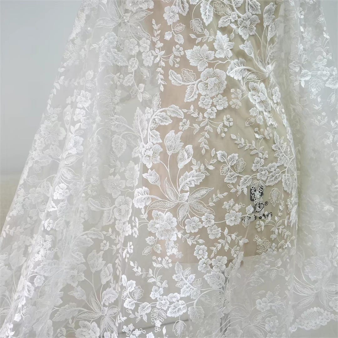 Ivory Embroidered Lace Fabric,floral Tulle Lace With Sequins,bridal ...