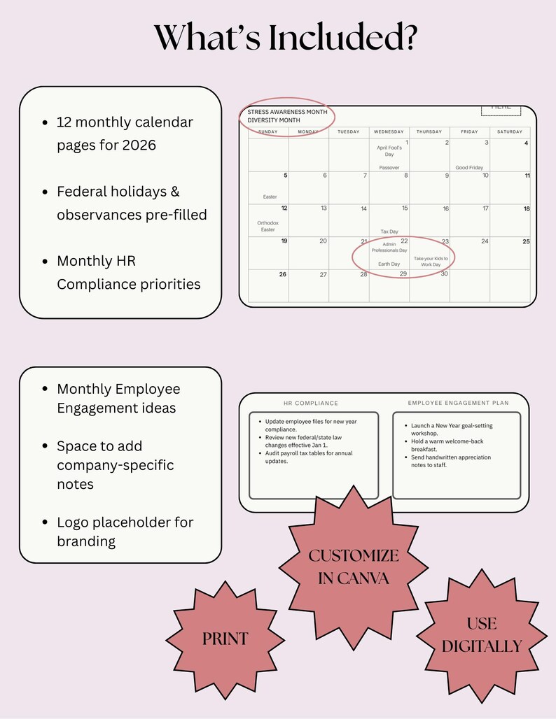 2026 HR Compliance & Employee Engagement Calendar – Editable Canva ...