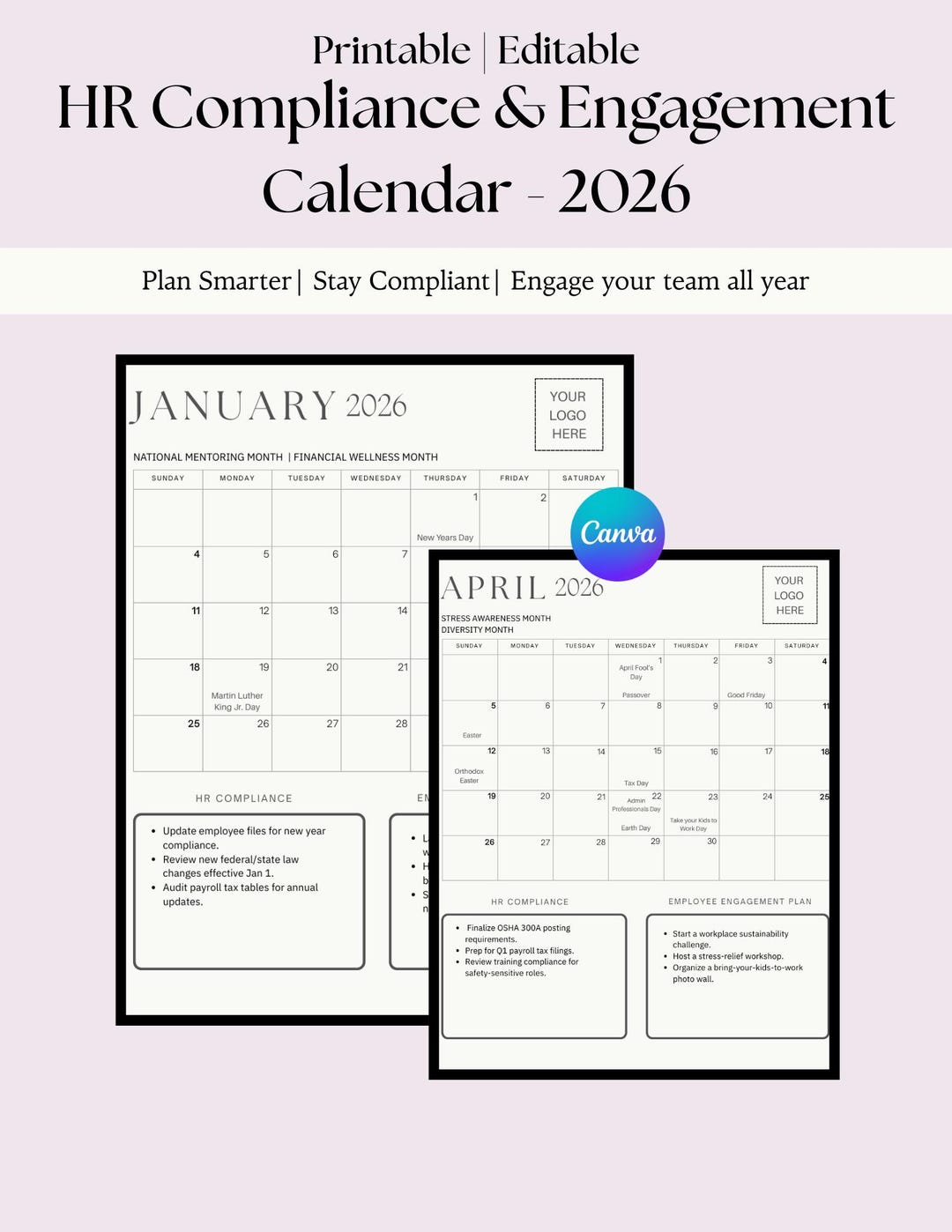2026 HR Compliance & Employee Engagement Calendar – Editable Canva ...