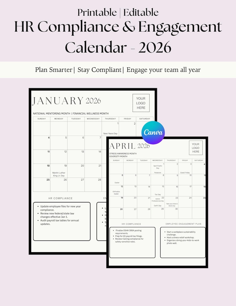 2026 HR Compliance & Employee Engagement Calendar – Editable Canva Template - Etsy