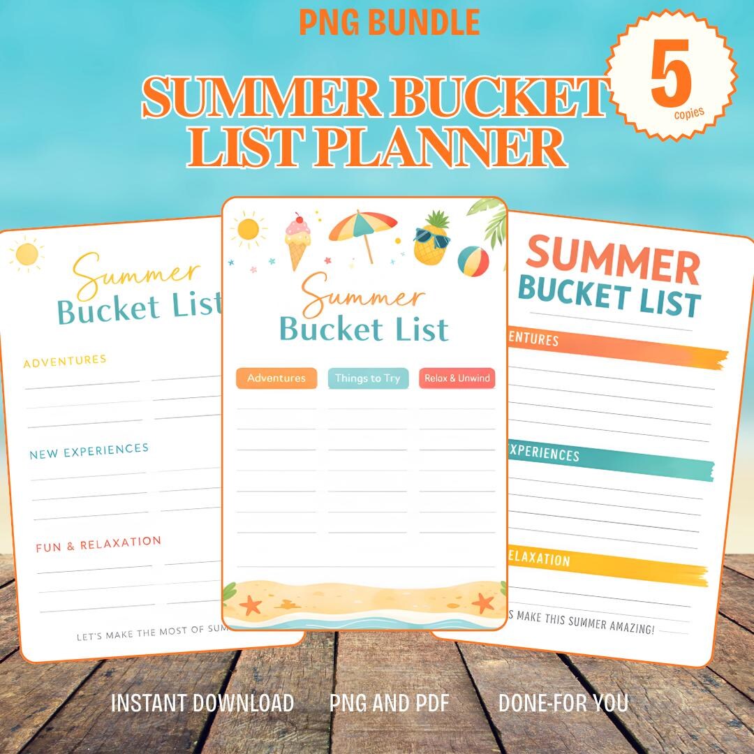 Summer Bucket List Planner, Activities & Goals (printable PDF - PNG ...