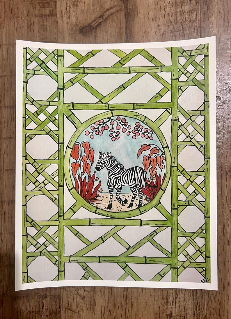 Bamboo Lattice Birds & Cheetah Watercolor Print – Chinoiserie Art (8x10 ...