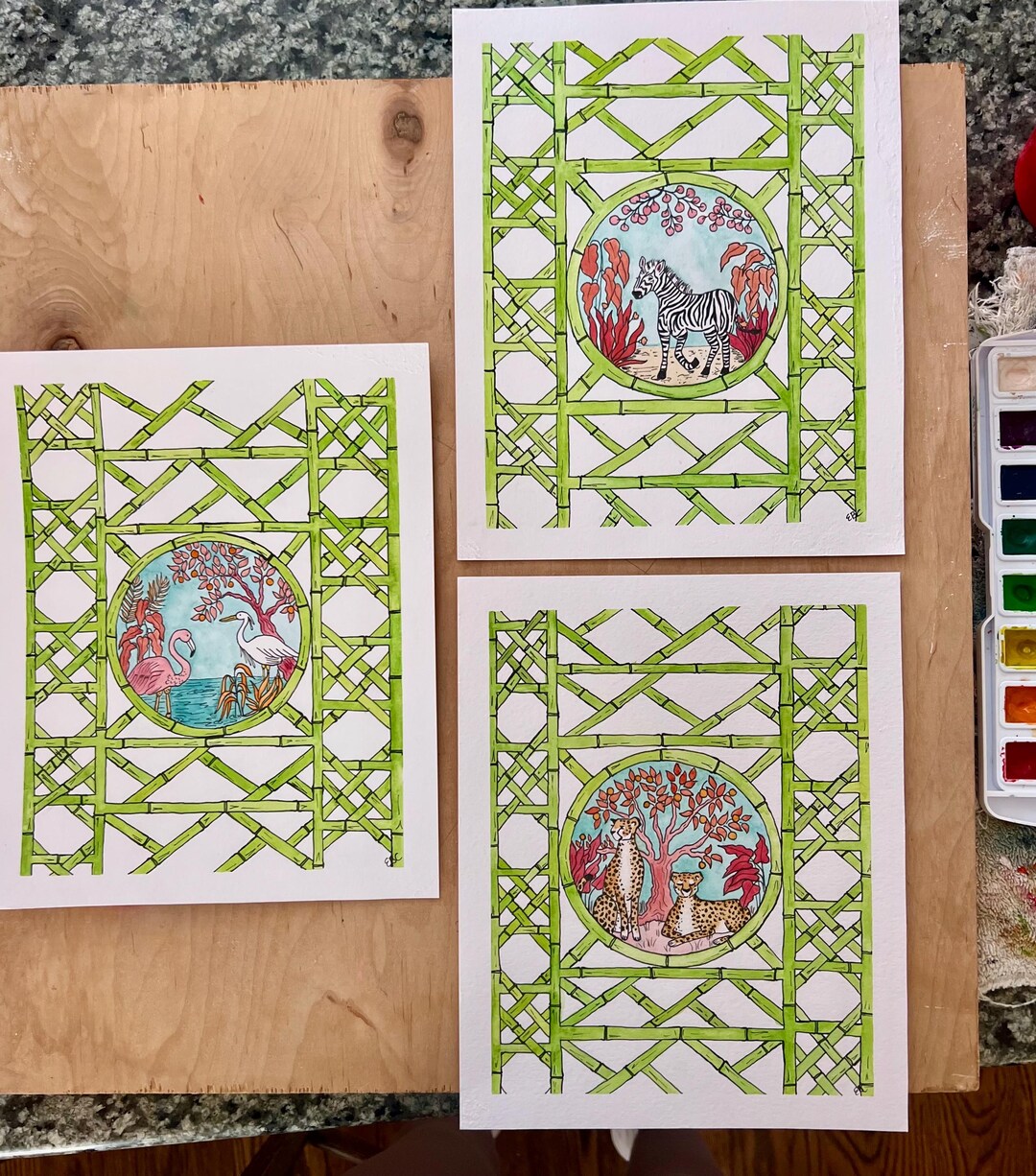 Tropical Birds & Cheetah Watercolor Print – Bamboo Lattice Art (8x10 ...