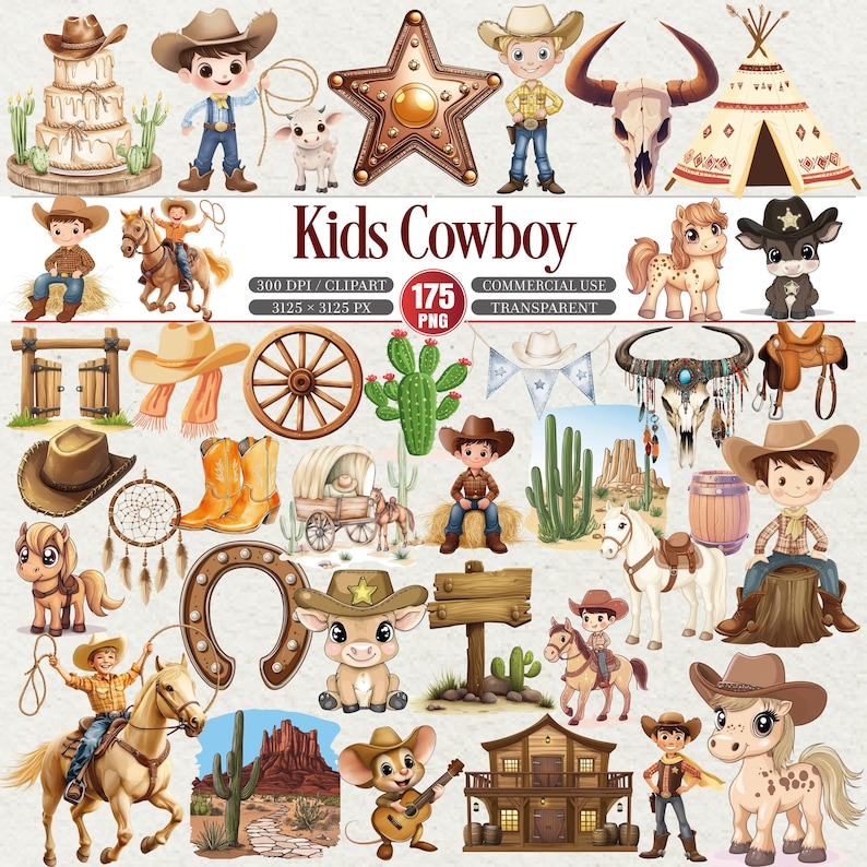 Kids Cowboy Clipart Western Children Ranch Illustration Bundle 175 PNG ...