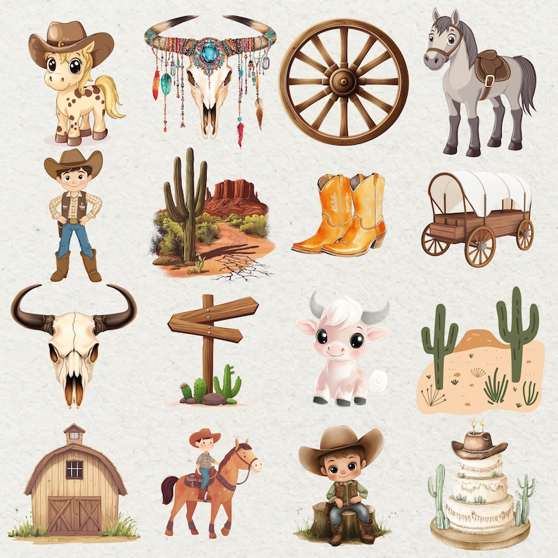 Kids Cowboy Clipart Western Children Ranch Illustration Bundle 175 PNG ...