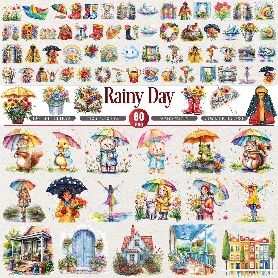 Rainy Day Watercolor Clipart Bundle PNG Transparent Set - Etsy