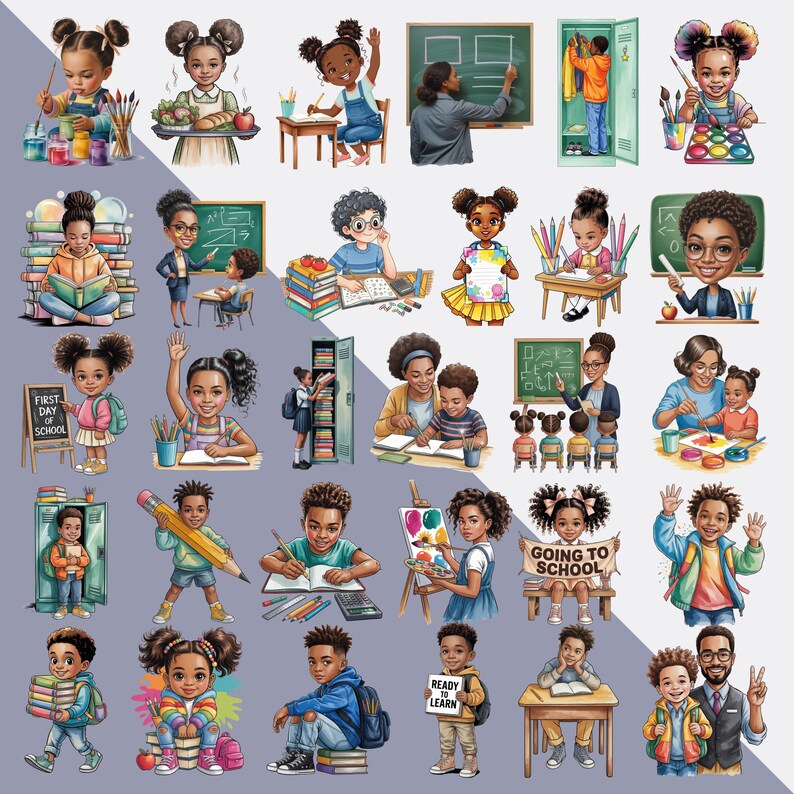 Black Kids Back to School Clipart Bundle 120 PNG Transparent - Etsy