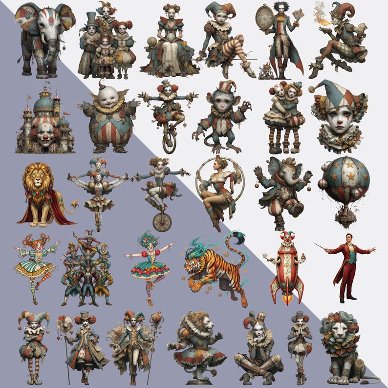 Vintage Circus Clipart Dark Carnival Characters PNG - Etsy