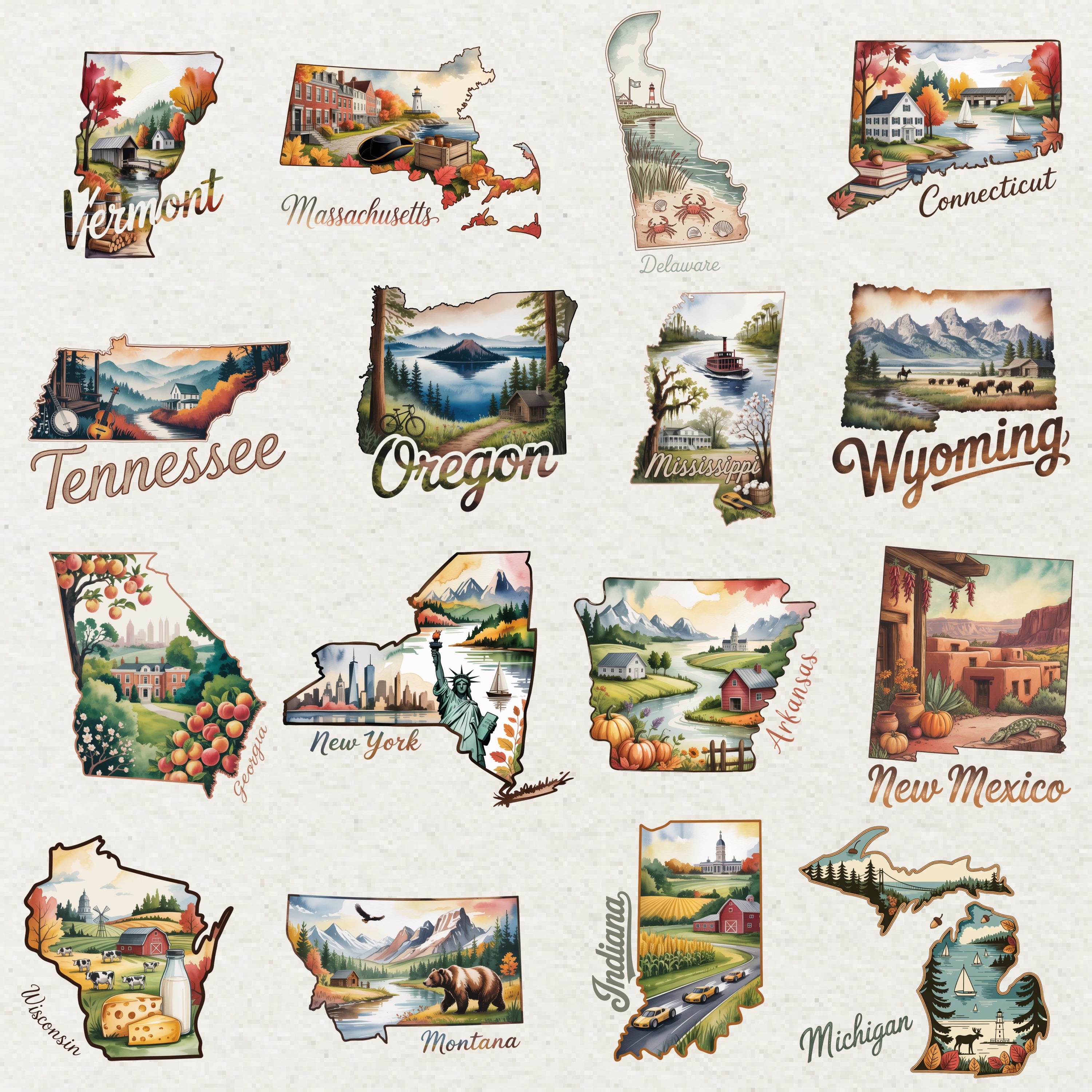 USA State Cultural Map Clipart Bundle – 50 PNG Designs - Etsy