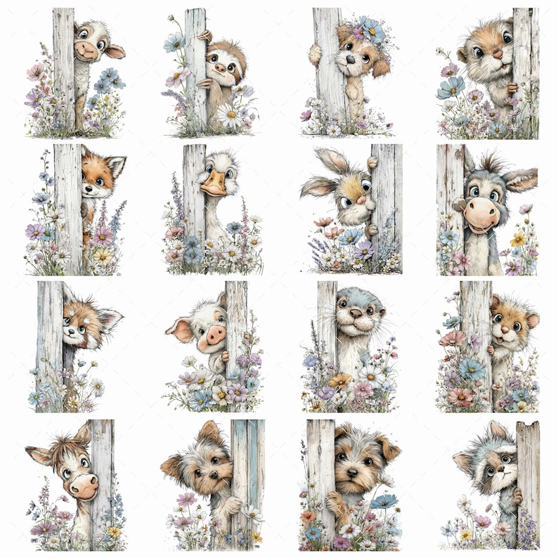 Spring Peeking Animals Clipart, Watercolor Farm Animal PNG Bundle ...