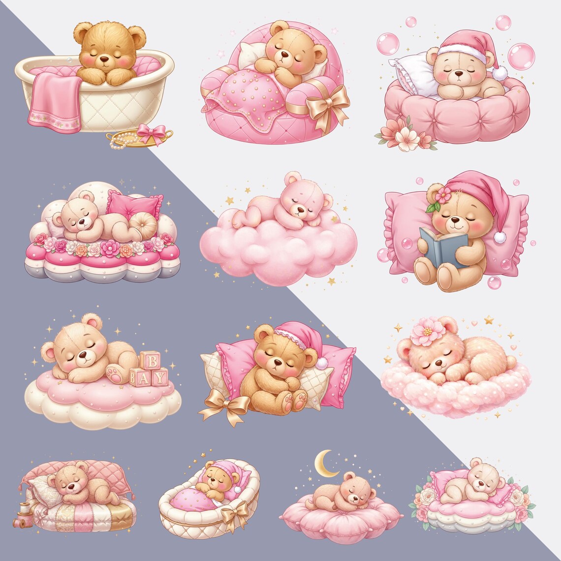 Pink Sleepy Teddy Baby Bears PNG Clipart Bundle - Etsy