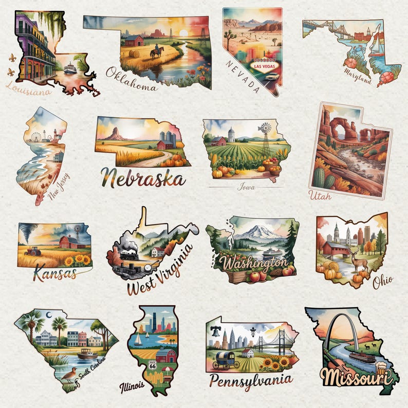 USA State Cultural Map Clipart Bundle – 50 PNG Designs - Etsy
