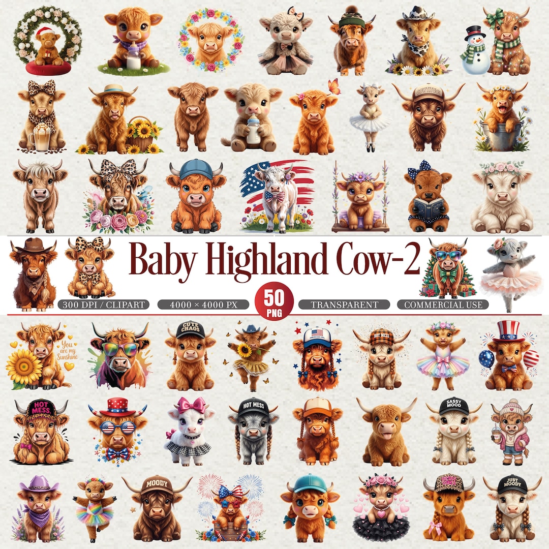 Baby Highland Cow Clipart Set | 50 PNG Bundle - Etsy