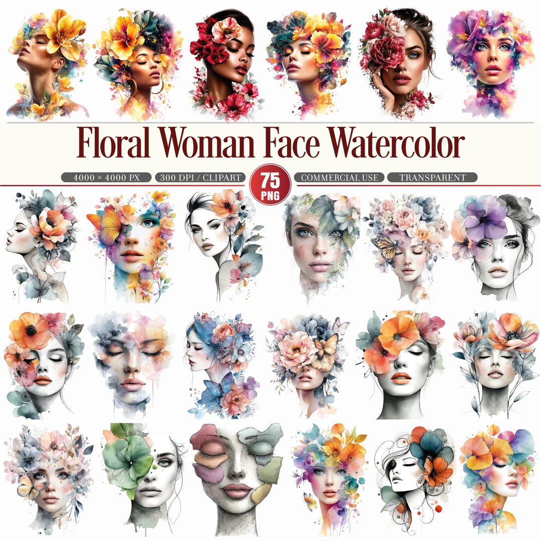 Floral Woman Face Watercolor Clipart Bundle PNG - Etsy