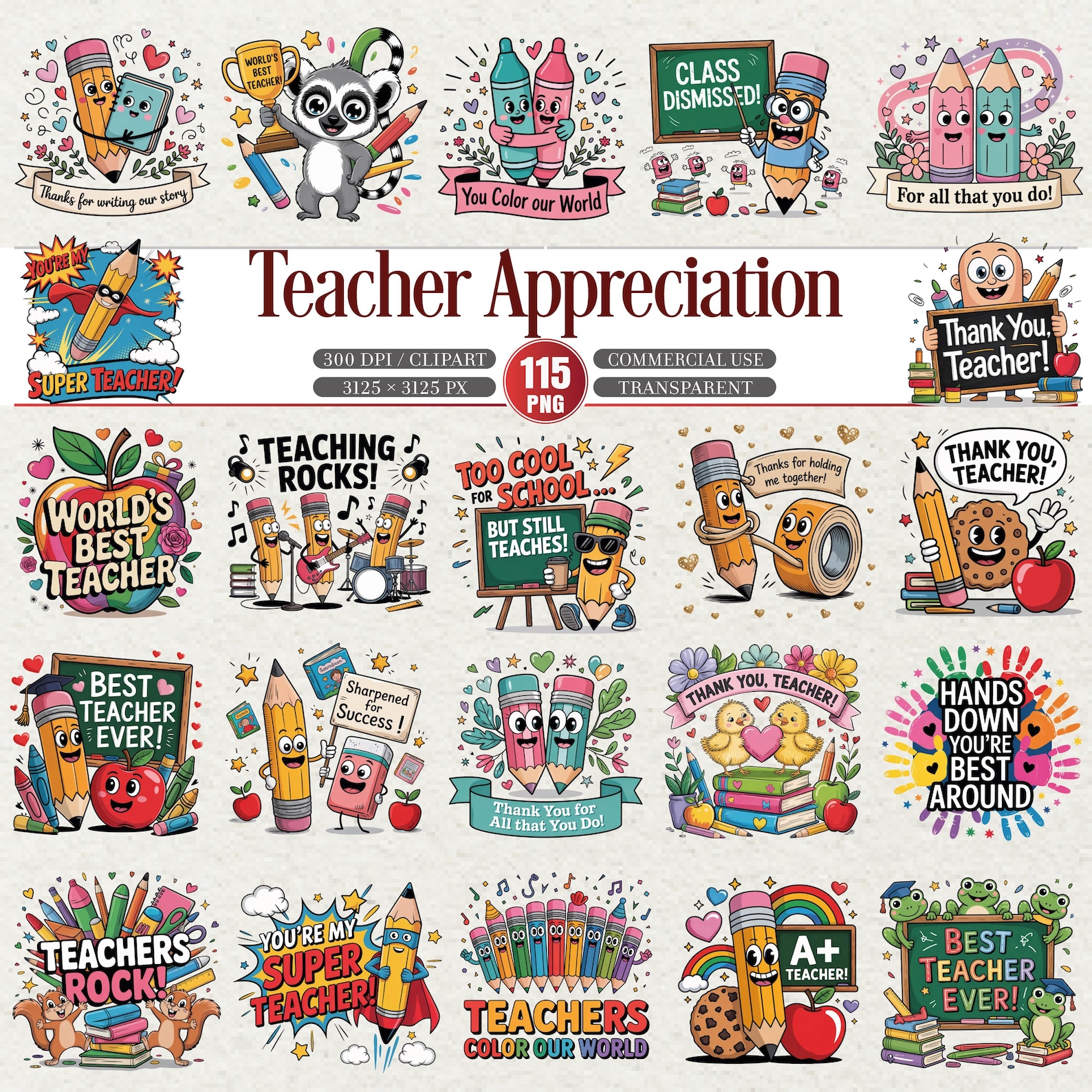 Teacher Appreciation Png Clipart Bundle for Classroom Gifts - Etsy