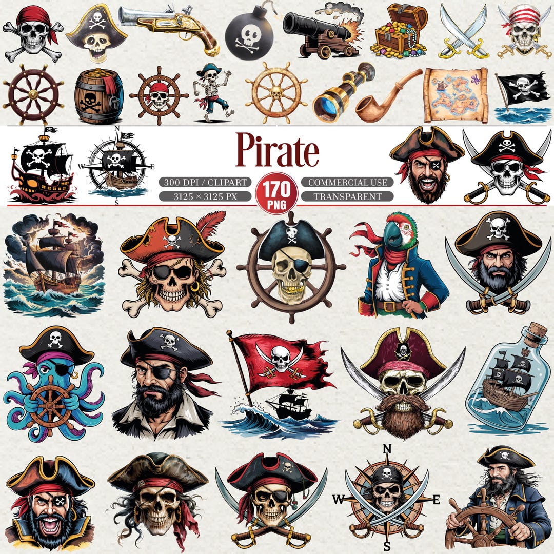 Pirate Clipart Bundle Skull Ship Treasure Illustration Set 170 PNG - Etsy