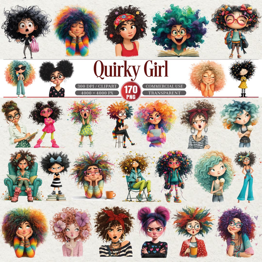 Quirky Girl Character Clipart Bundle 170 PNG Illustrations - Etsy