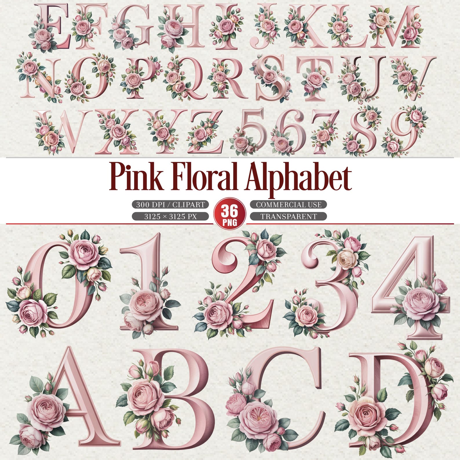 Pink Floral Alphabet Clipart Set PNG Letters Numbers - Etsy