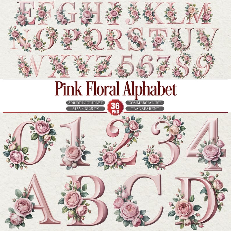 Pink Floral Alphabet Clipart Set PNG Letters Numbers - Etsy