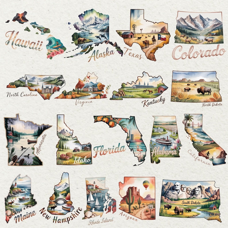USA State Cultural Map Clipart Bundle – 50 PNG Designs - Etsy