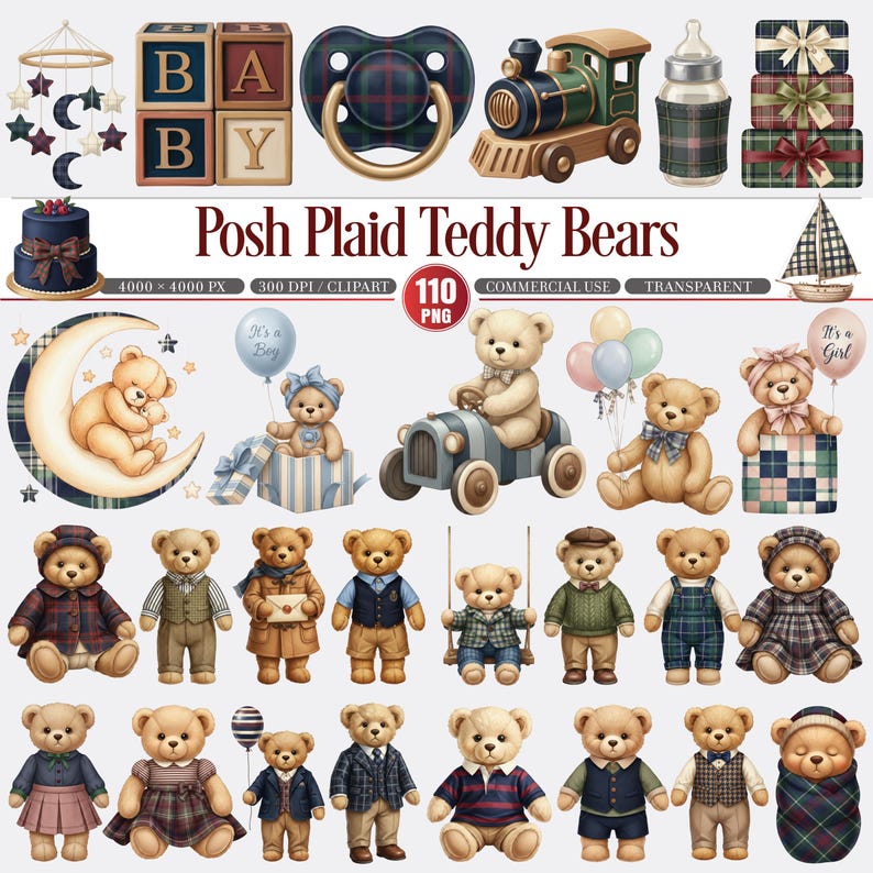 Posh Plaid Teddy Bears PNG Clipart Bundle - Etsy