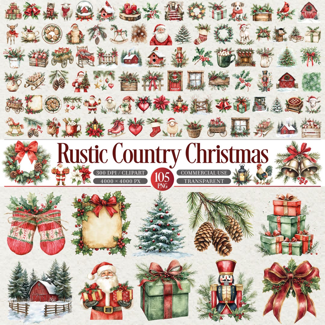 Rustic Country Christmas Clipart Bundle PNG Set - Etsy