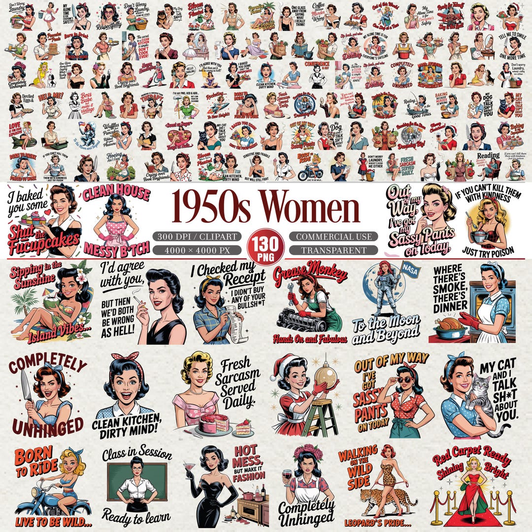 1950s Retro Women Clipart Bundle PNG 300 DPI - Etsy