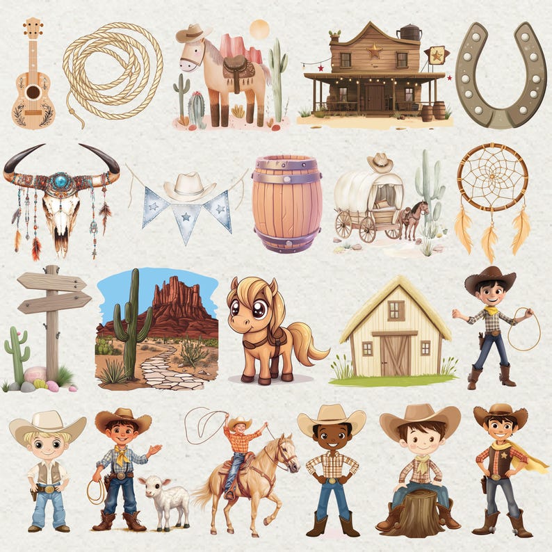 Kids Cowboy Clipart Western Children Ranch Illustration Bundle 175 PNG ...